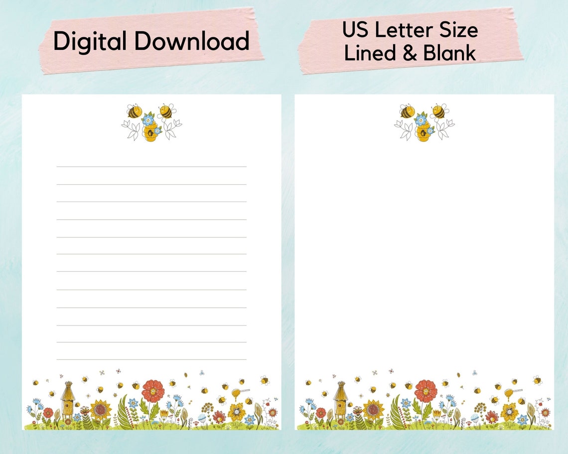 Cute Bee Printable Letter Paper, Bee Writing Paper, Floral Letter Paper ...