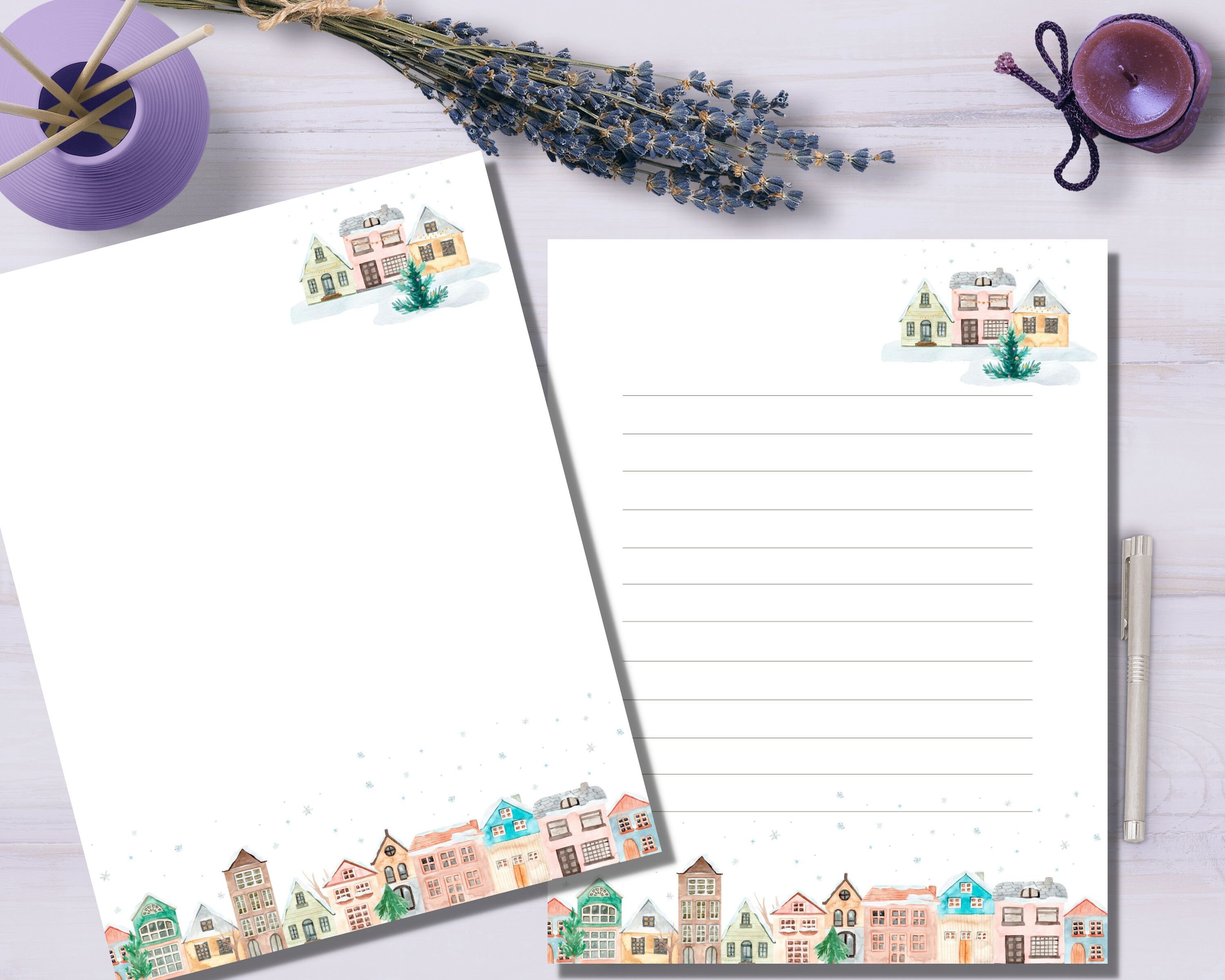 Winter Village Letter Paper Printable, Christmas Houses Writing Paper ...