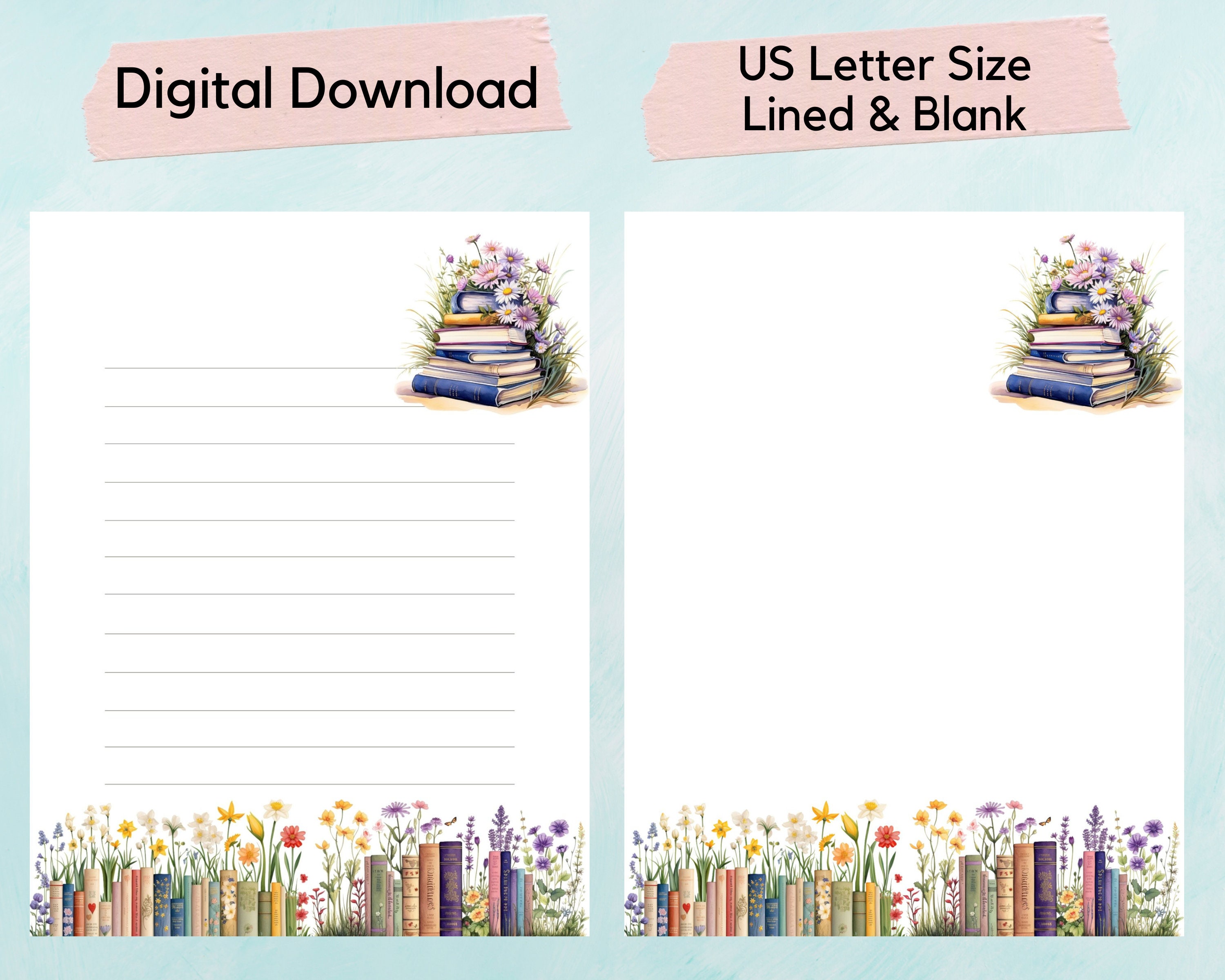 Floral Book Printable Letter Paper, Flower Writing Paper, Book Lover ...