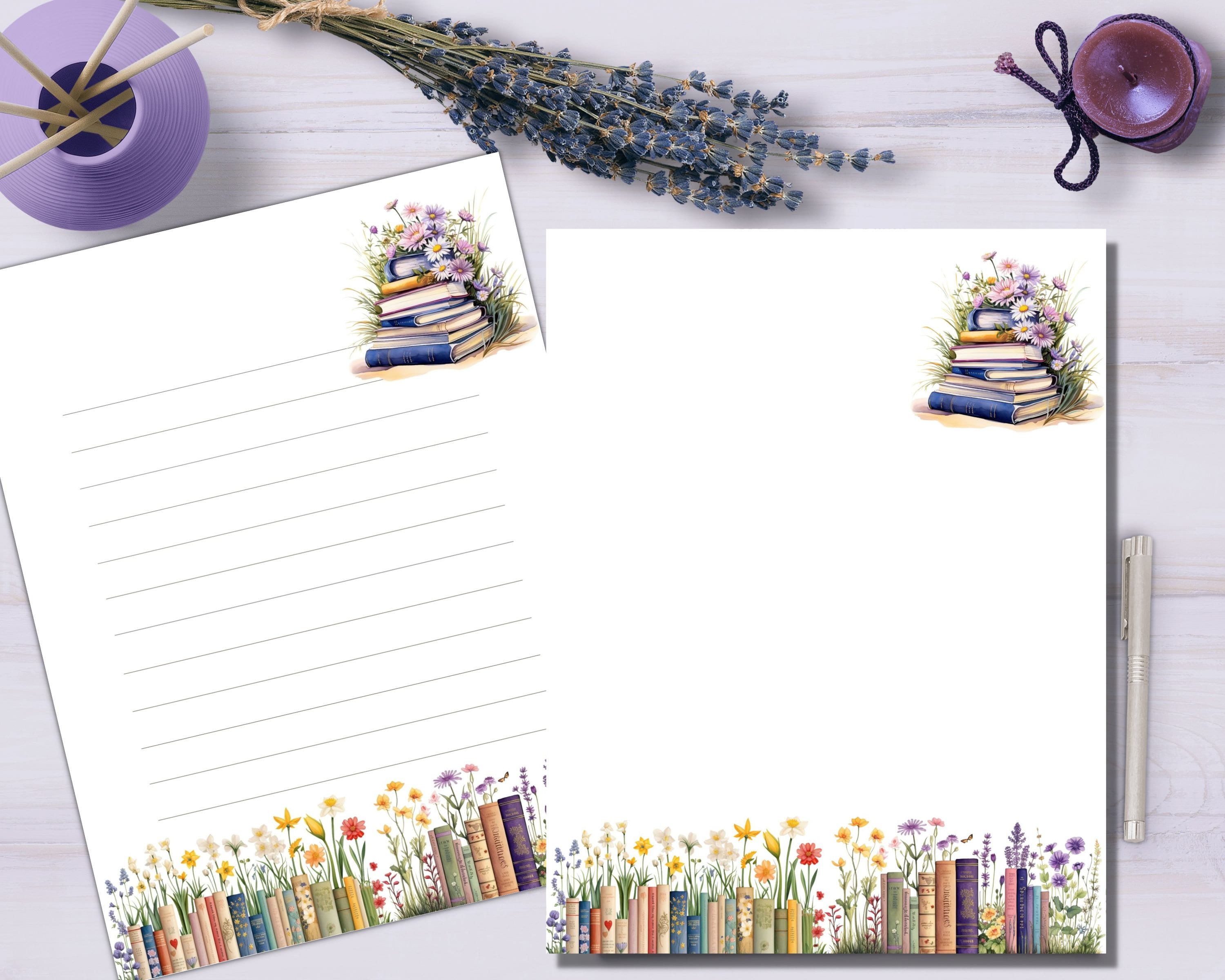 Floral Book Printable Letter Paper, Flower Writing Paper, Book Lover ...