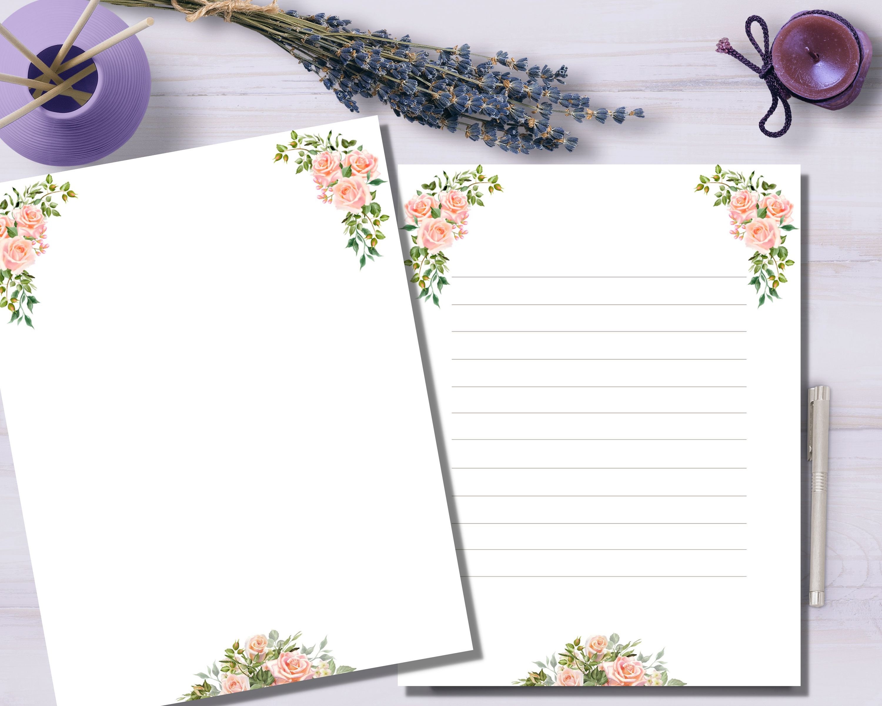 Printable Pink Rose Writing Paper, Blush Rose Letter Paper, Floral ...
