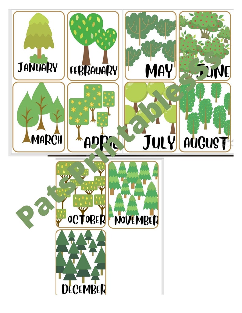 Months of the Year Flashcards With Trees. Trees Represent the Numerical ...