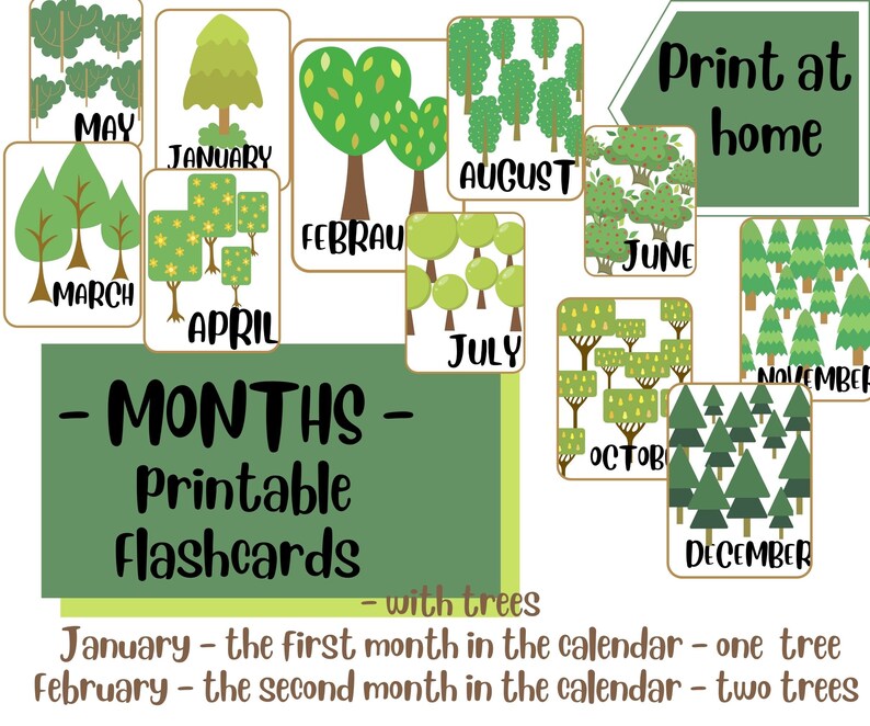 Months of the Year Flashcards With Trees. Trees Represent the Numerical ...