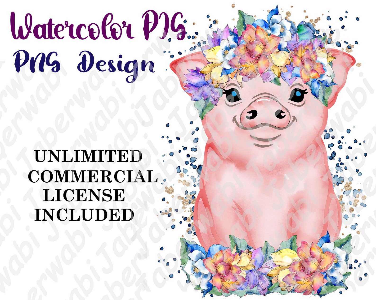 Pig Watercolor Flower PNG | Unlimited Commercial License | Sublimation ...