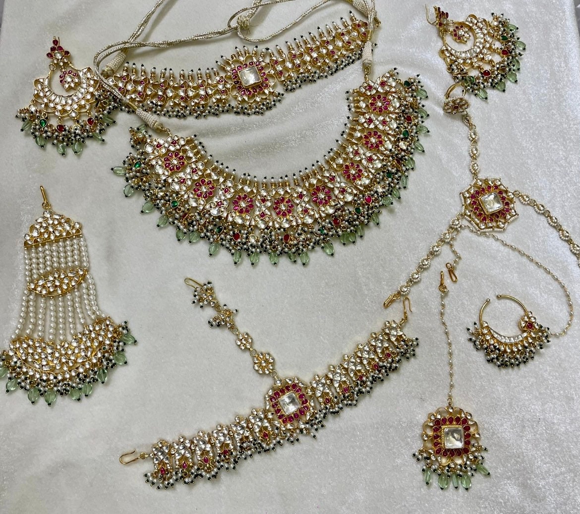 Bridal Pachi Kundan Pink, Green and Gold Indian / Pakistani Jewellery ...