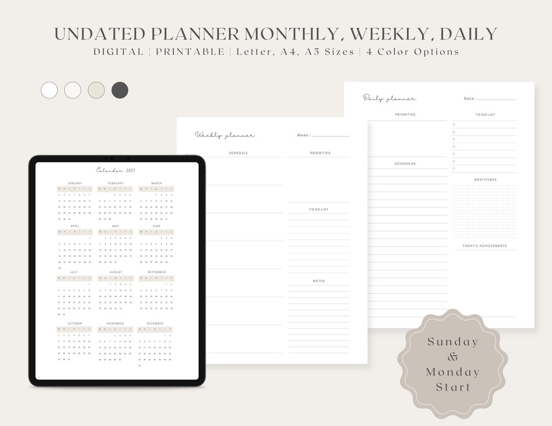 Undated Planner Monthly Weekly Daily Planner Simple Minimalist Planner ...