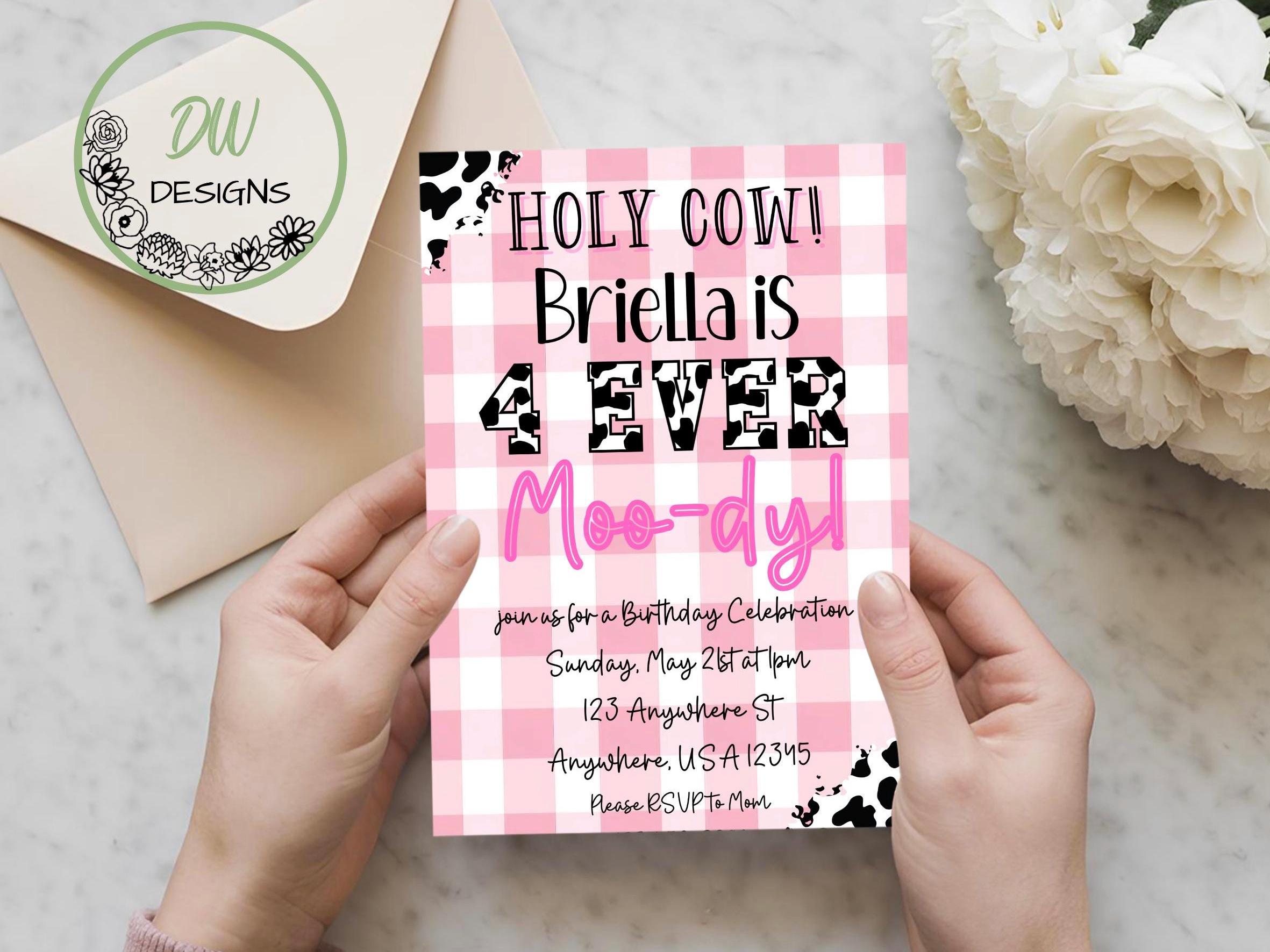 4 Ever Moody Birthday Invitation Canva Template, Cow Print Pink Gingham ...
