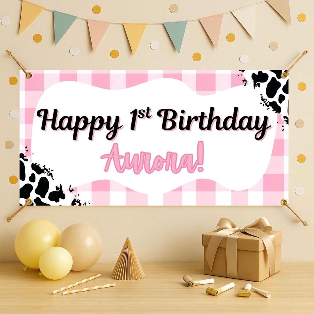Pink Gingham Cow Print Happy Birthday Banner Printable | Holy Cow ...