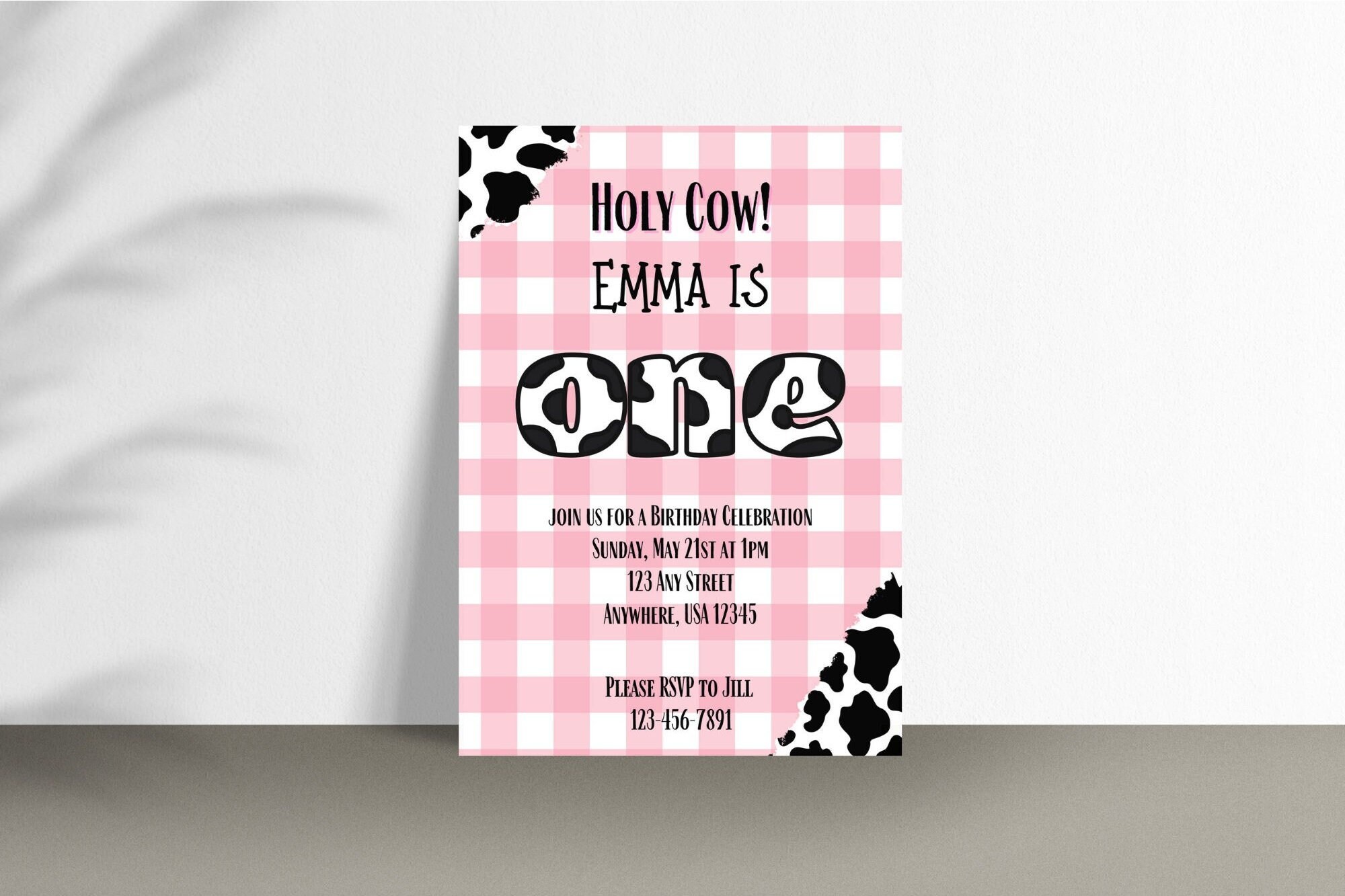 Holy Cow Im One Birthday Invitation, Pink Plaid and Cow Print Birthday ...