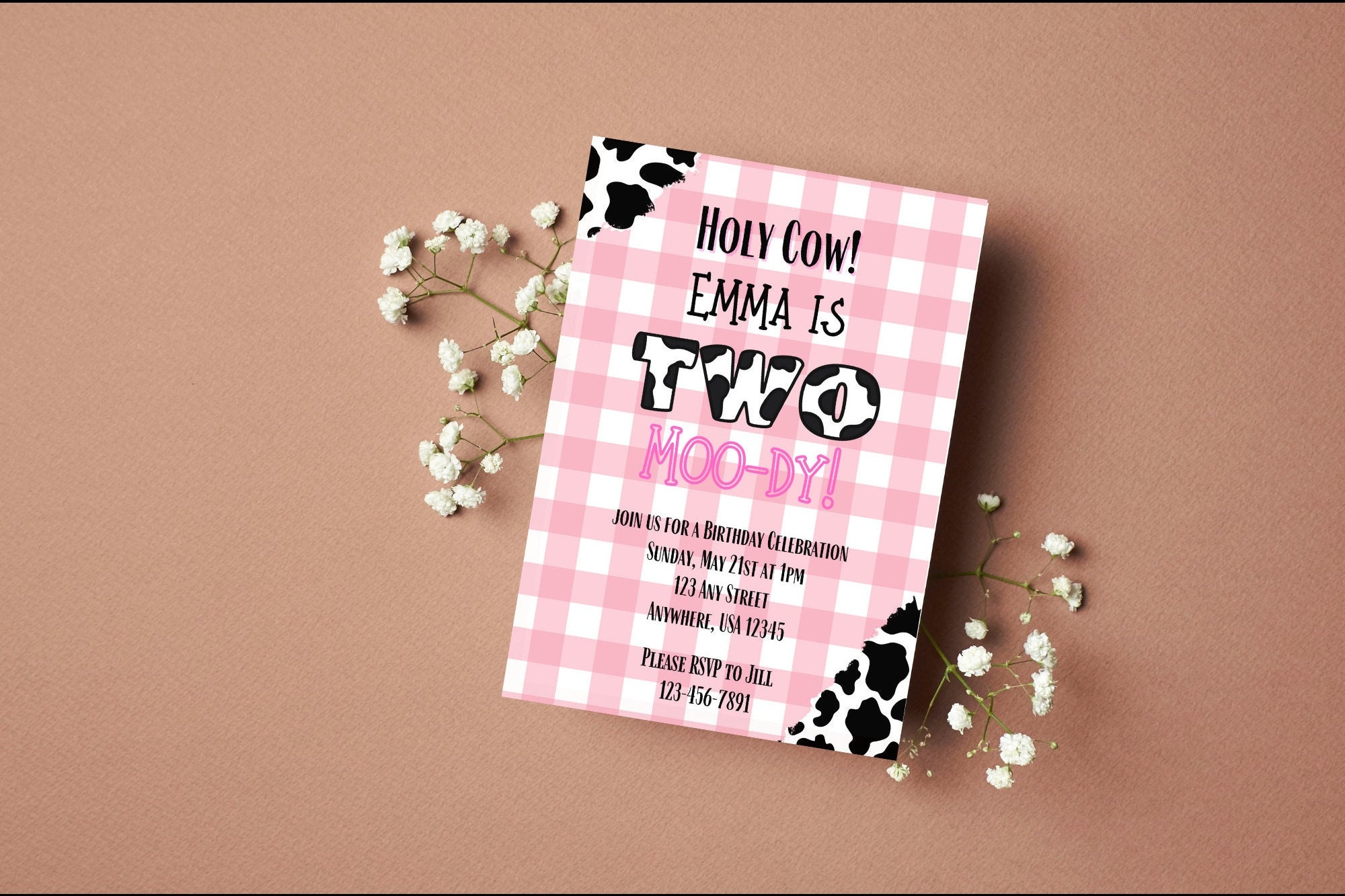 Holy Cow Im Two Birthday Invitation, Two Moody Girl Birthday Party ...