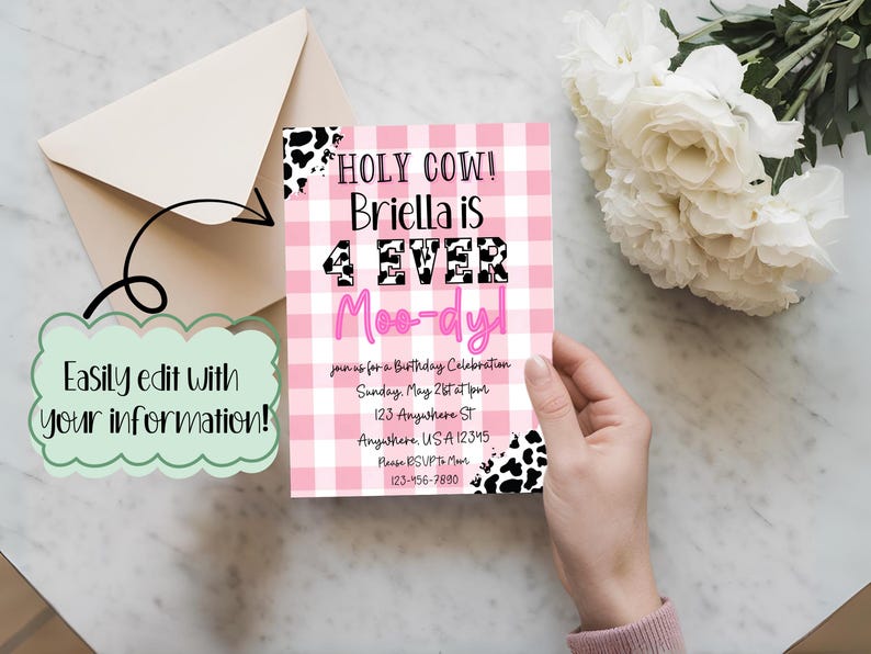 4 Ever Moody Birthday Invitation Canva Template, Cow Print Pink Gingham ...