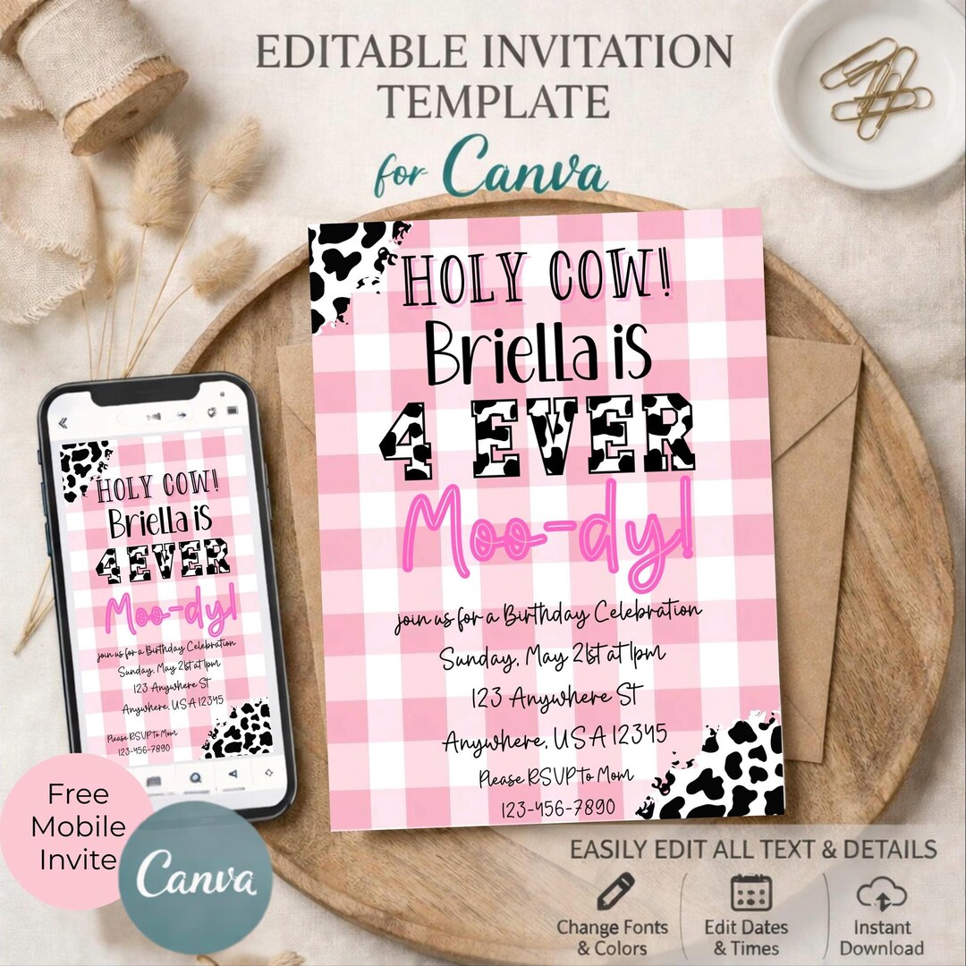 4 Ever Moody Birthday Invitation Canva Template, Cow Print Pink Gingham ...