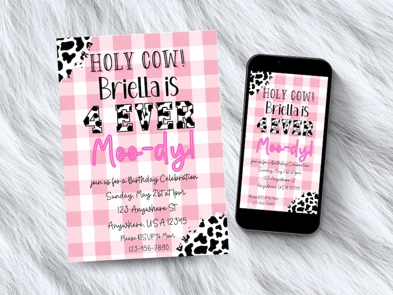 4 Ever Moody Birthday Invitation Canva Template, Cow Print Pink Gingham ...
