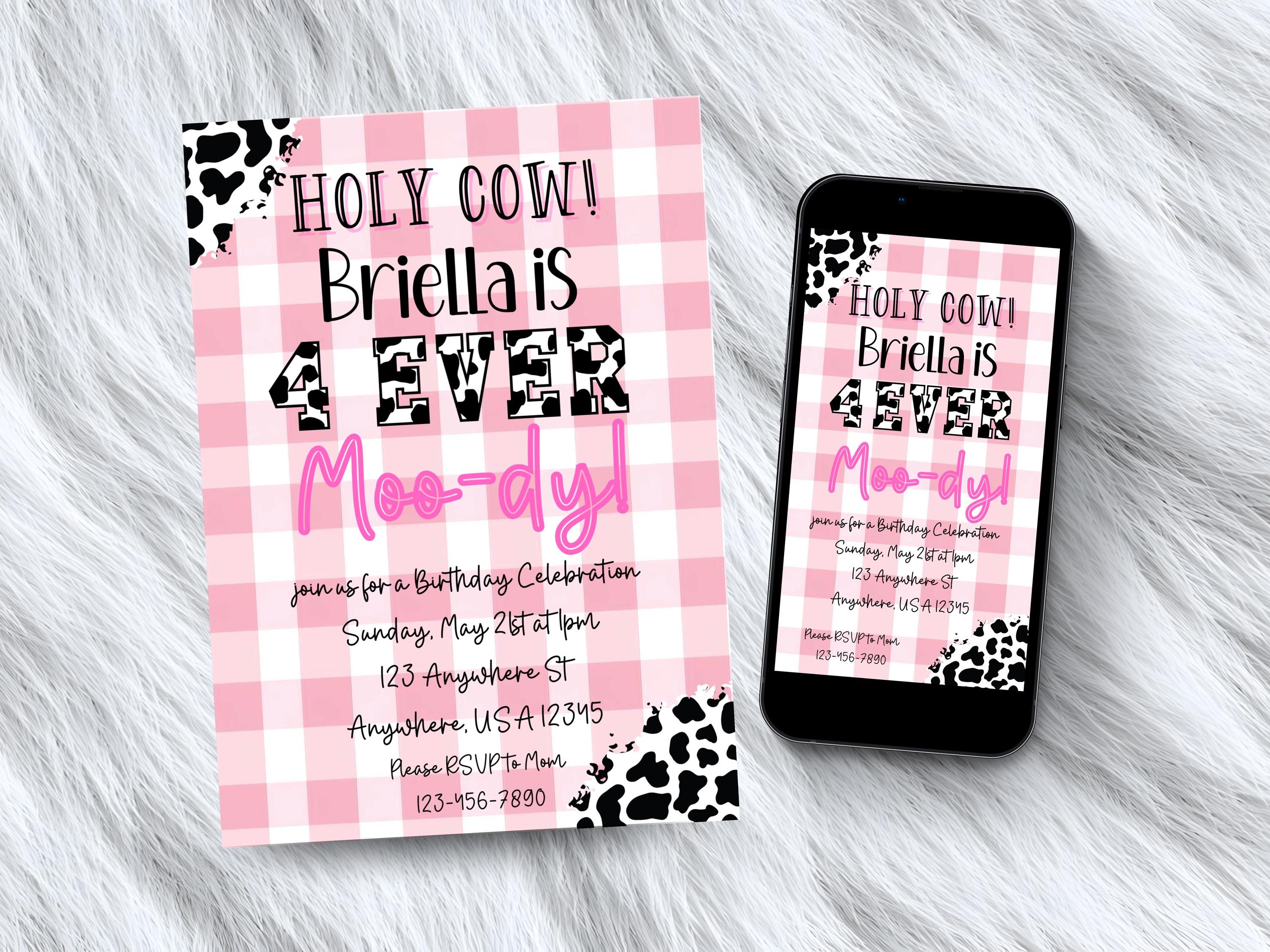 4 Ever Moody Birthday Invitation Canva Template, Cow Print Pink Gingham ...