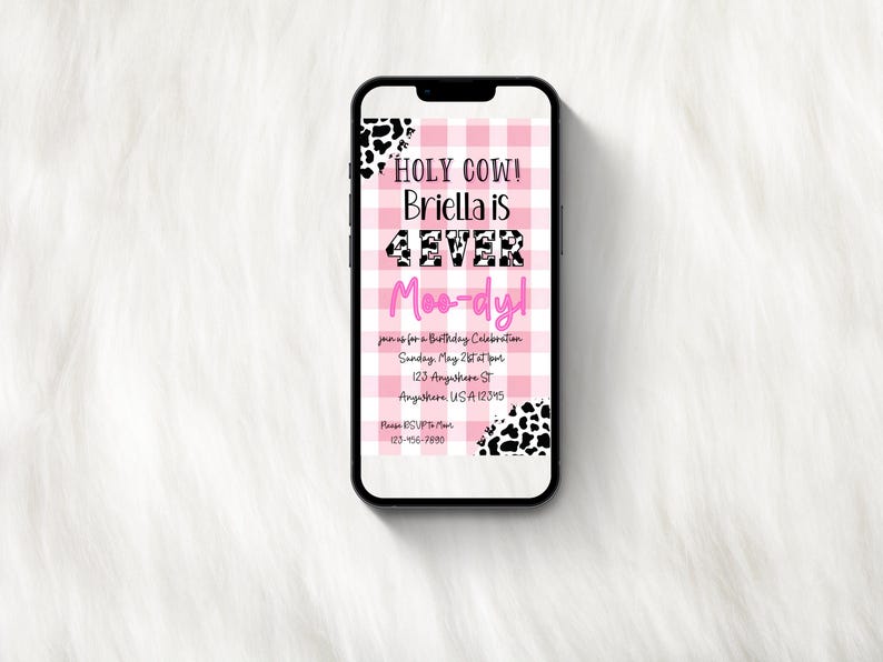 4 Ever Moody Birthday Invitation Canva Template, Cow Print Pink Gingham ...