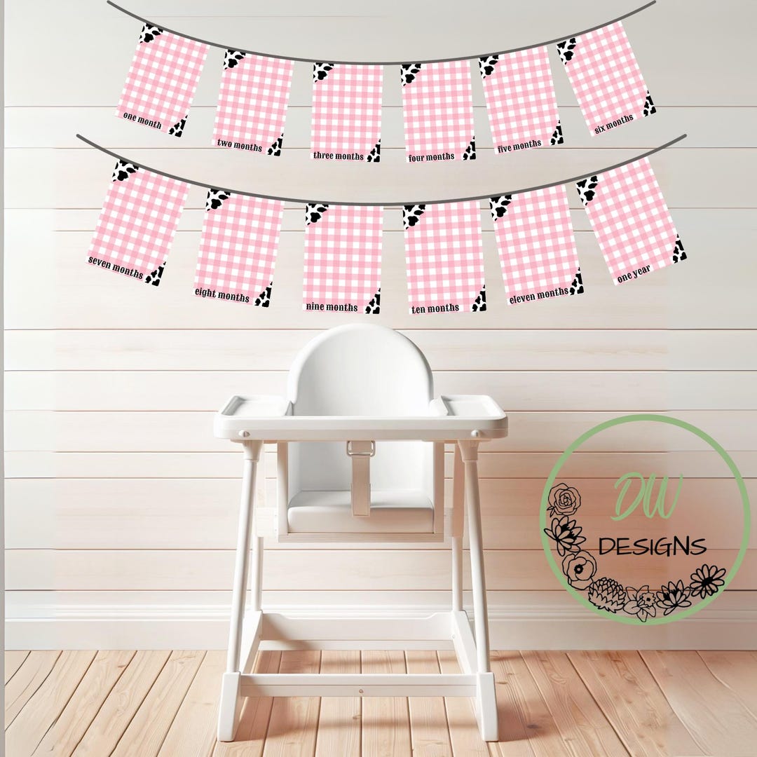 Pink Gingham Cow Print Monthly Milestone Banner | Printable Baby Girl ...