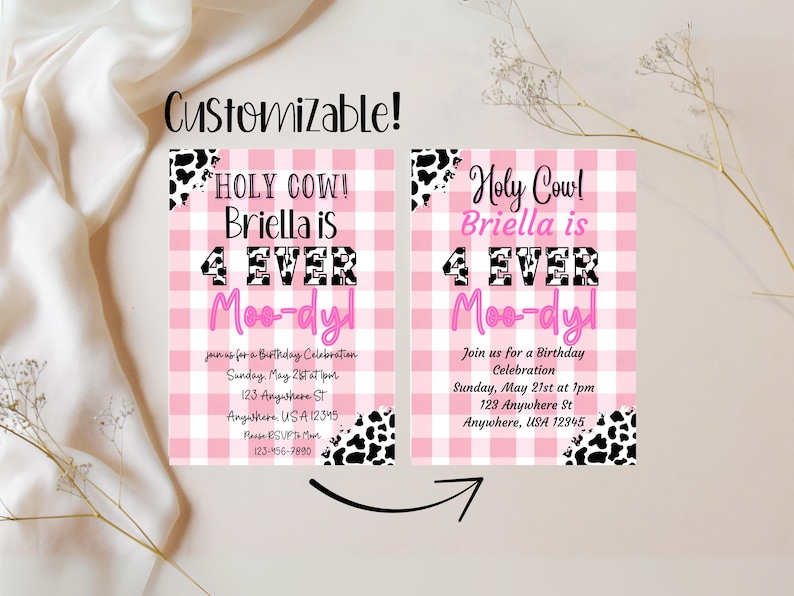 4 Ever Moody Birthday Invitation Canva Template, Cow Print Pink Gingham ...