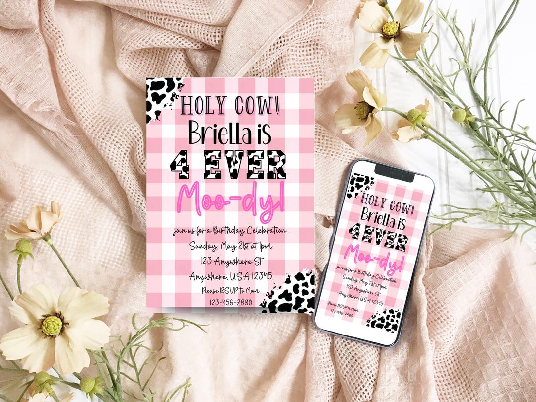 Custom Pink Gingham Cow Four Ever Moody Birthday Invitation, Farm Theme ...