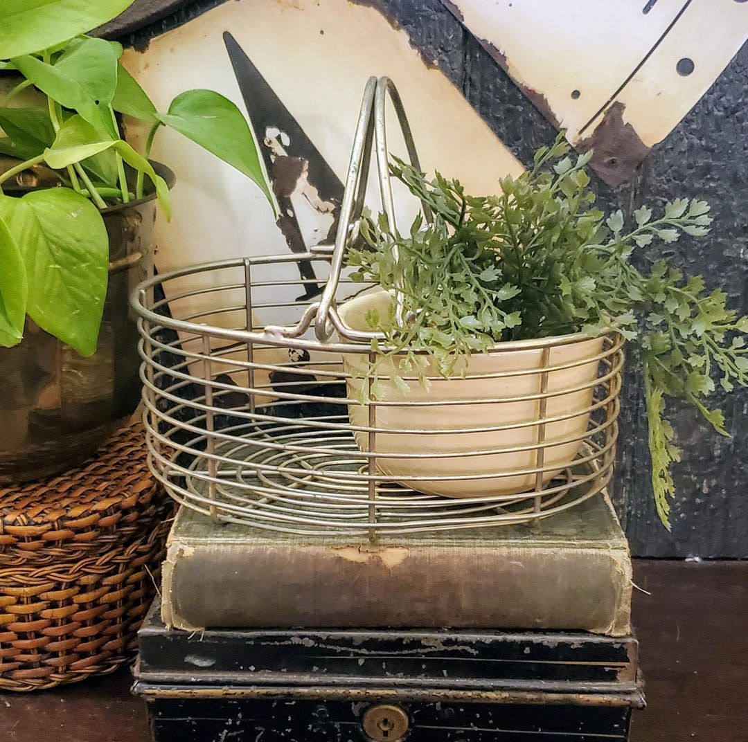 Vintage Metal Industrial Basket With Handles, Retro Wire Metal Basket ...