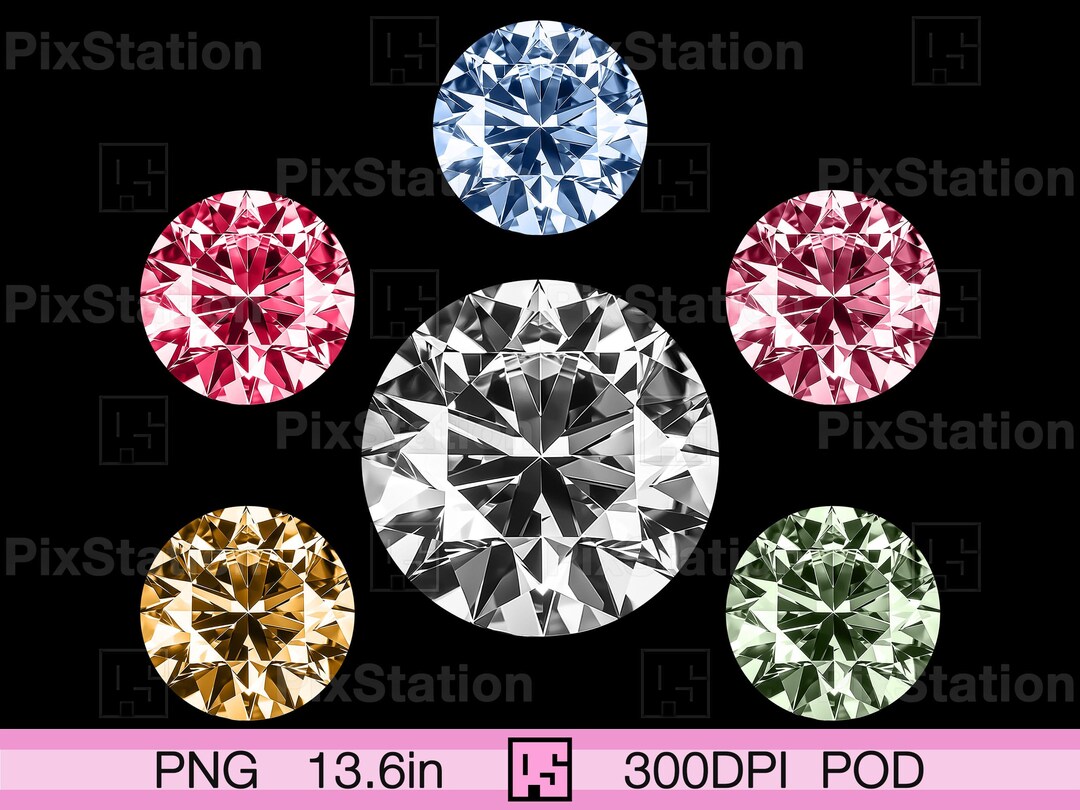 Round Diamond Clipart PNG Set: Silver, Pink, Red Gemstone (digital ...