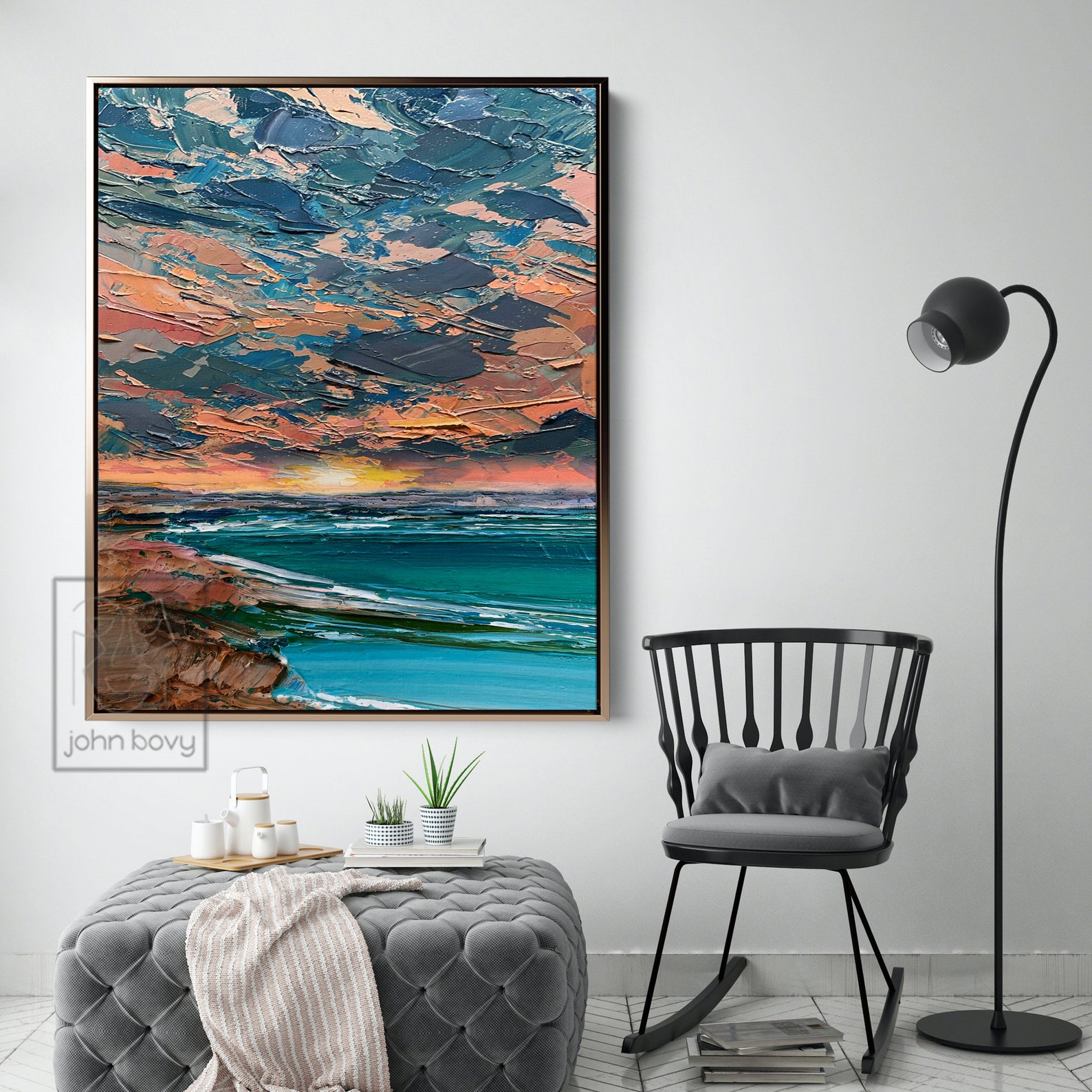 Teal and Orange Sunset Painting on Canvas Abstract Seascape - Etsy