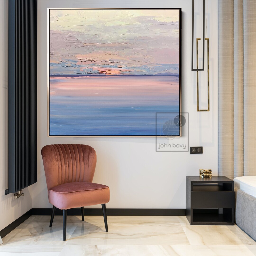 Neutral Sunset Painting for Above Bed Blue Pink Seascape Painting ...