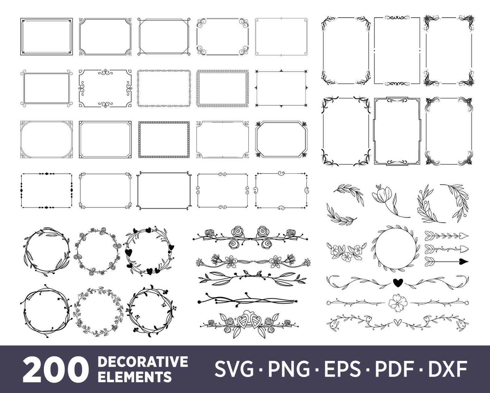 200 Decorative Elements SVG, Frame Bundle SVG, Wreath Svg Bundle ...