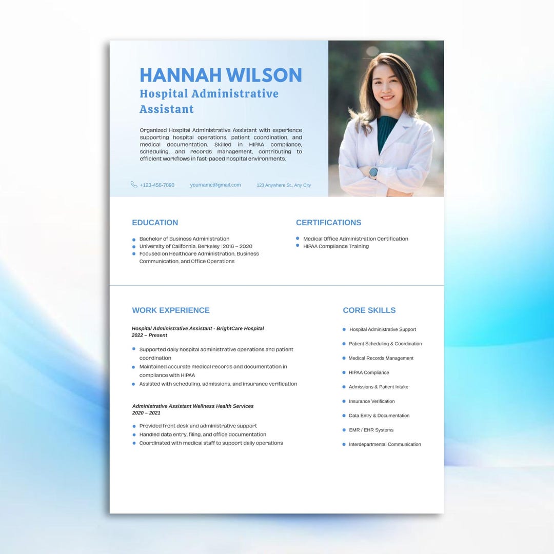 Hospital Administrative Assistant Resume | Healthcare Admin CV Template ...
