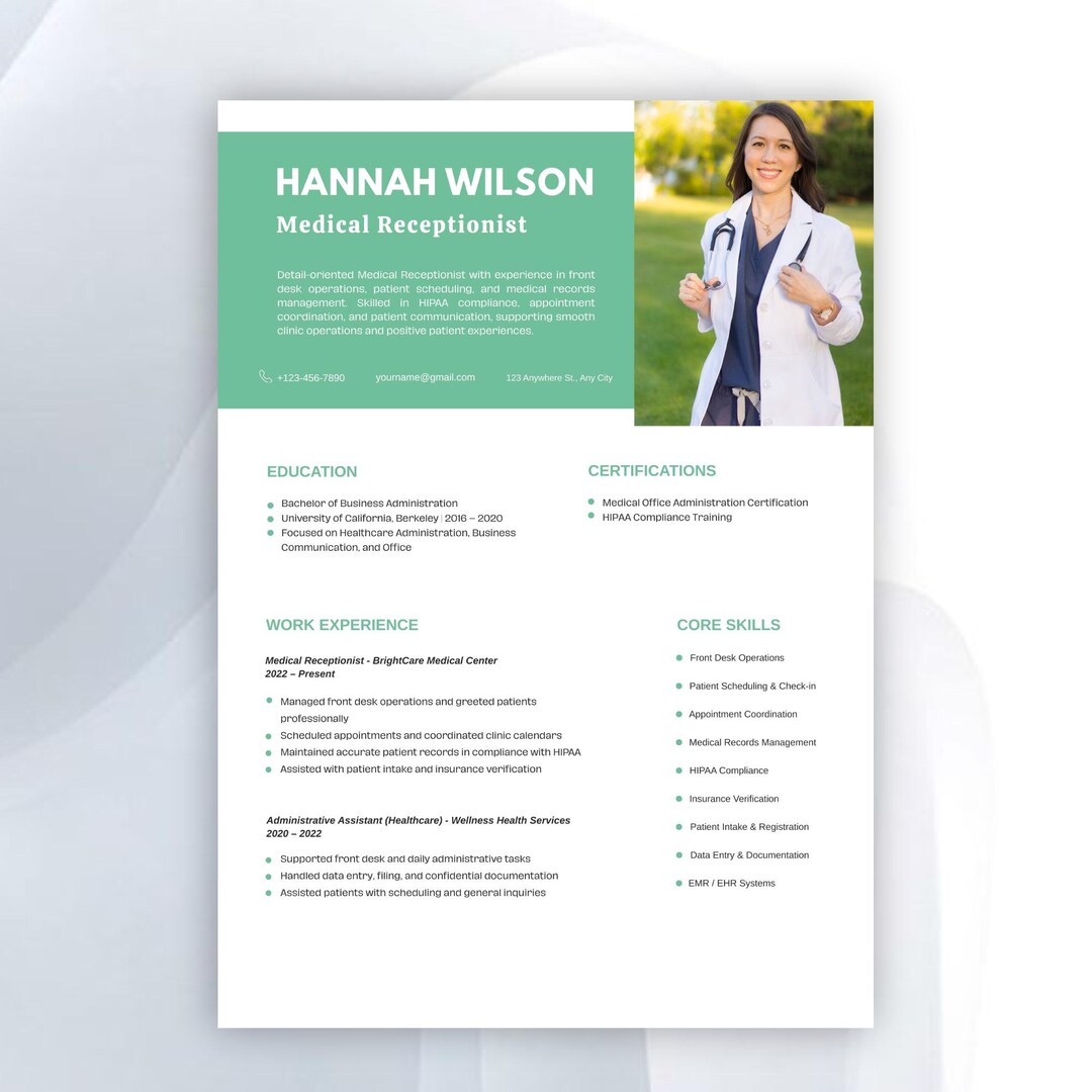 Modèle de CV de réceptionniste médicale - Etsy France