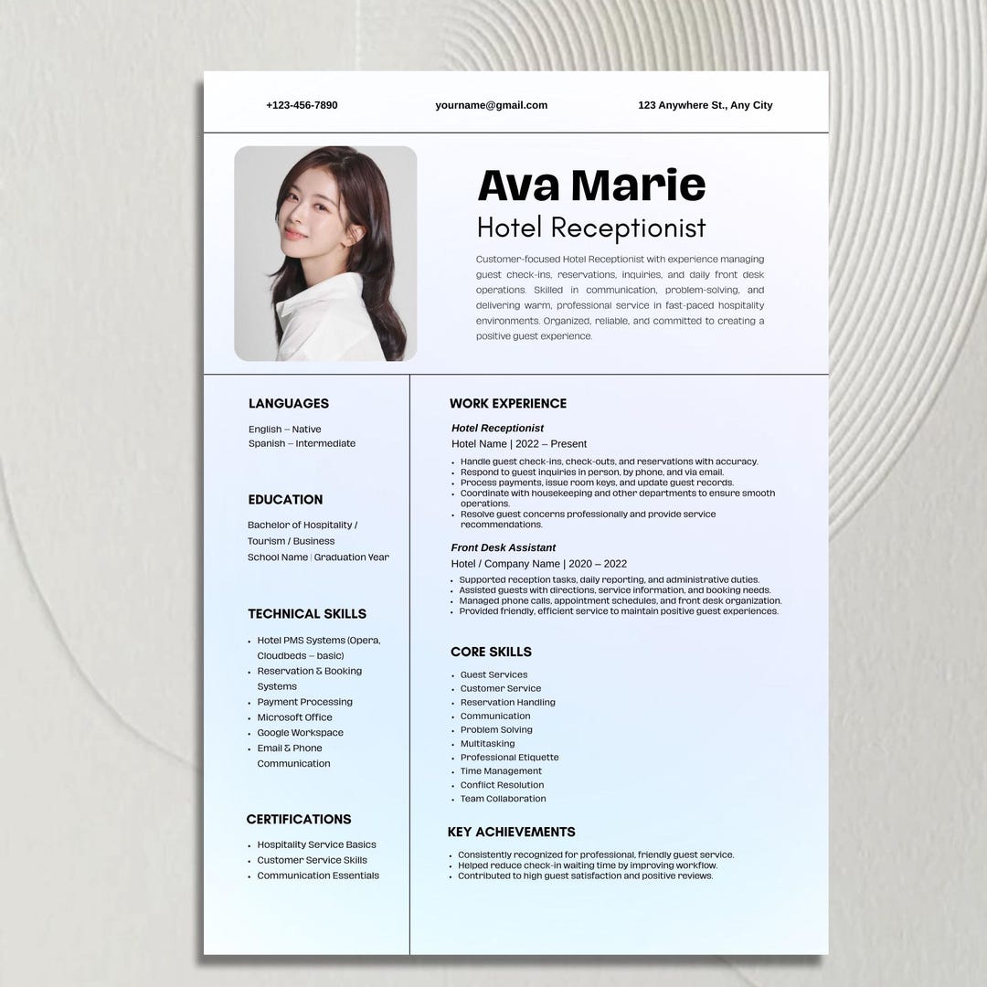 Hotel Receptionist Resume Template | Modern Professional CV | Editable ...