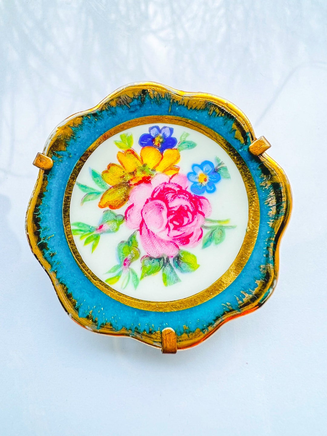 Vintage Porcelain Brooch Brooch in the Shape of Plate. Flower Brooch ...
