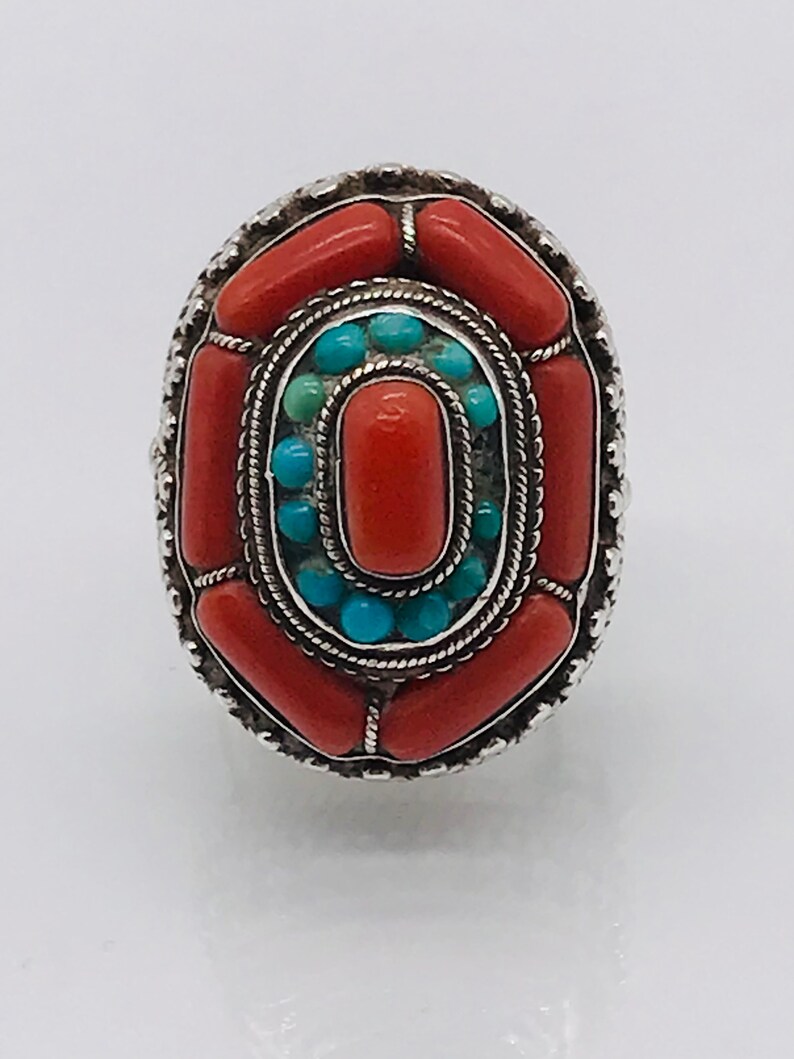 Antique Sterling Silver Large Massive Ring Inlaid With Real - Etsy