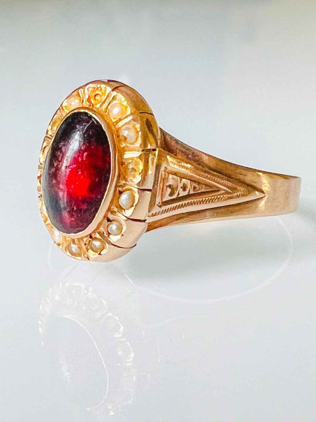 Antique Victorian Gold Ring Set With Garnet and Grain Pearls, Real Gold ...
