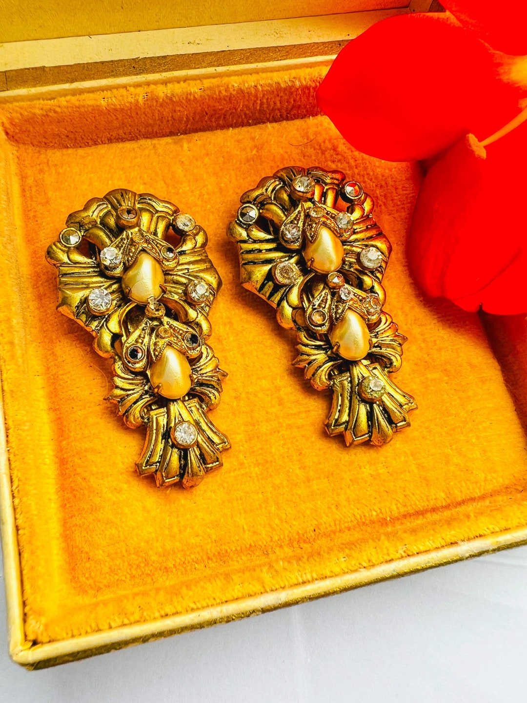 Antique Czech Pair Dress Clips on an Openwork Base, Stamped Filigree ...