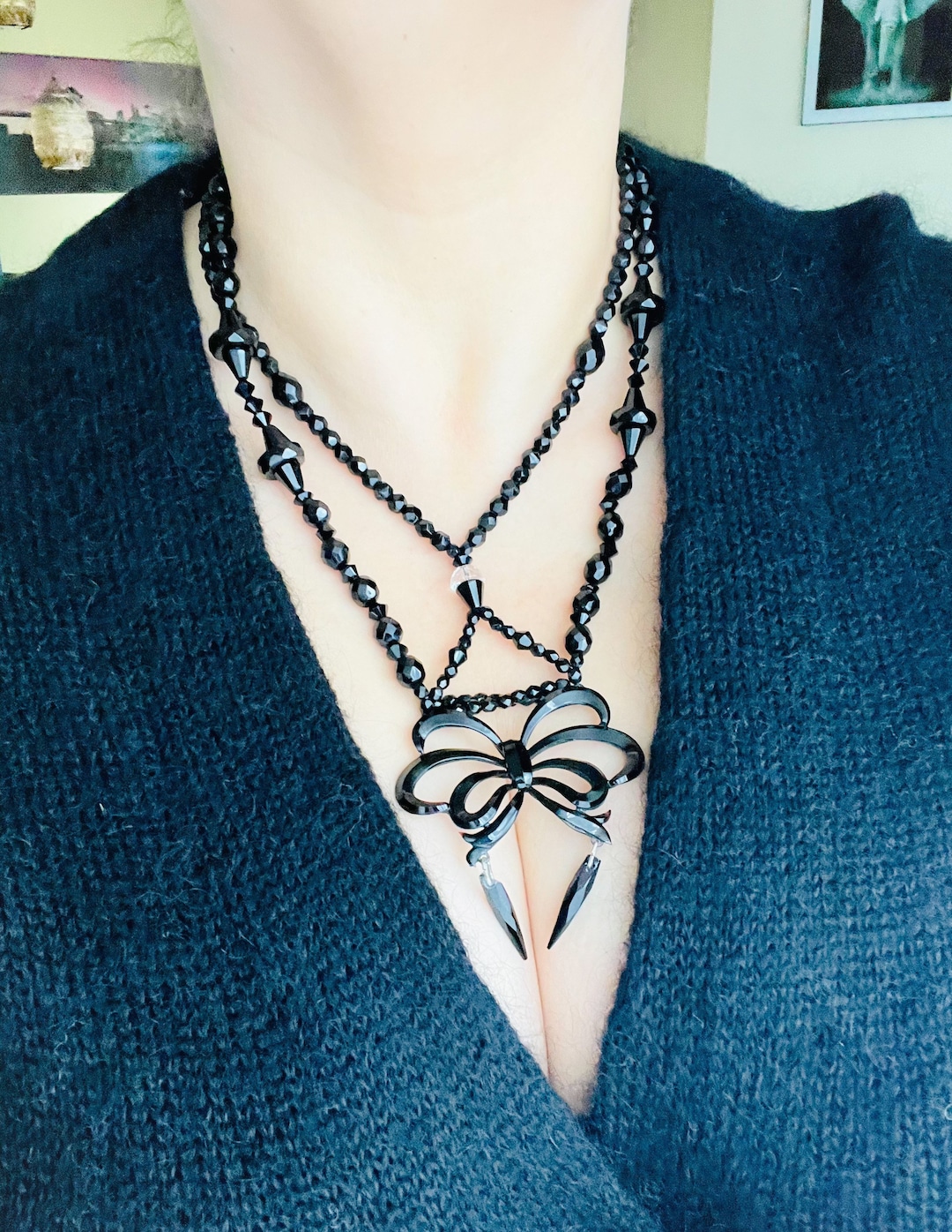 Victorian Mourning Necklace. Bow Pendant. Unique Antique French Jet ...