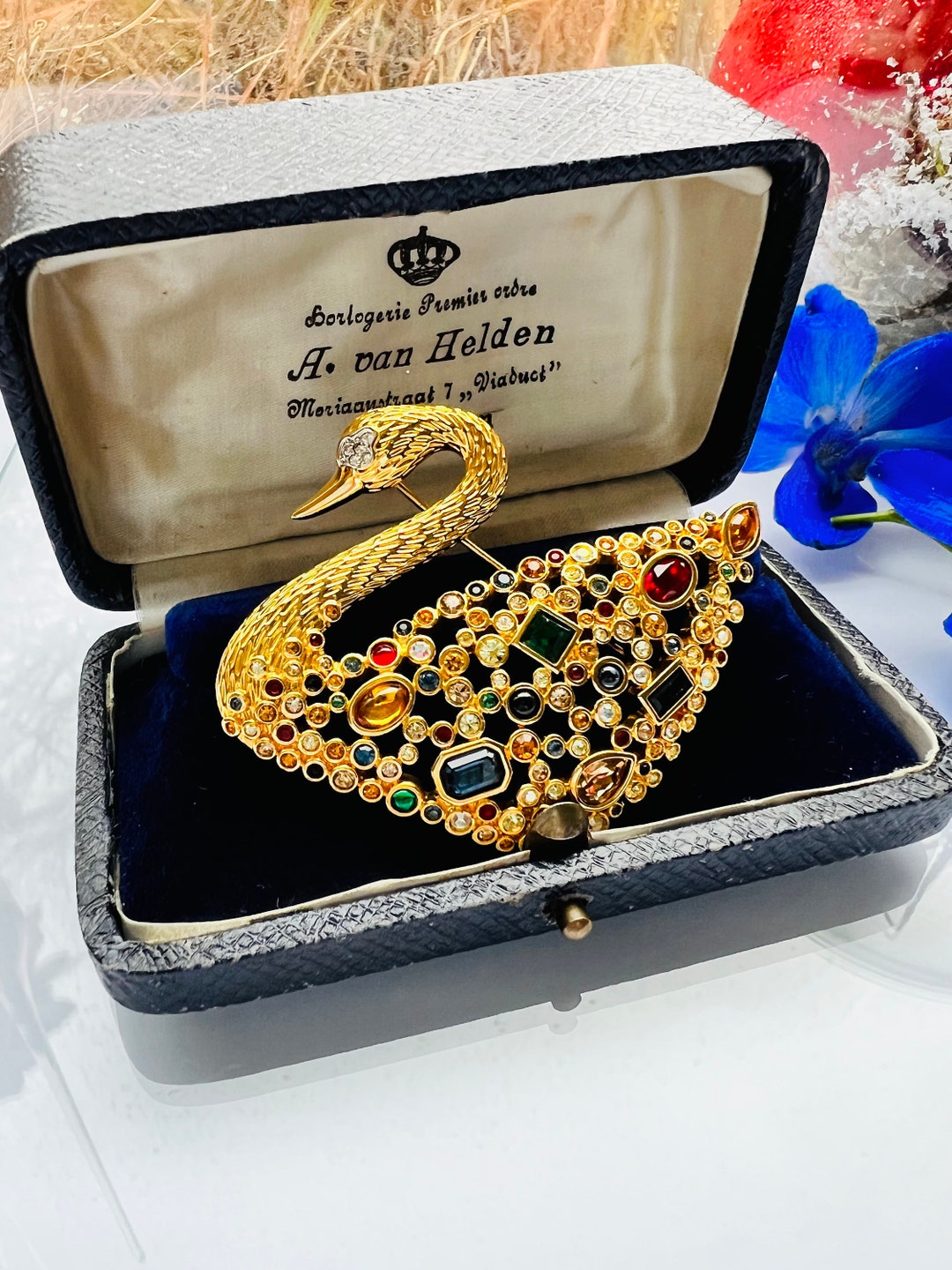 Swarovski Large Swan Brooch. Vintage Costume Gold Tone Brooch With ...