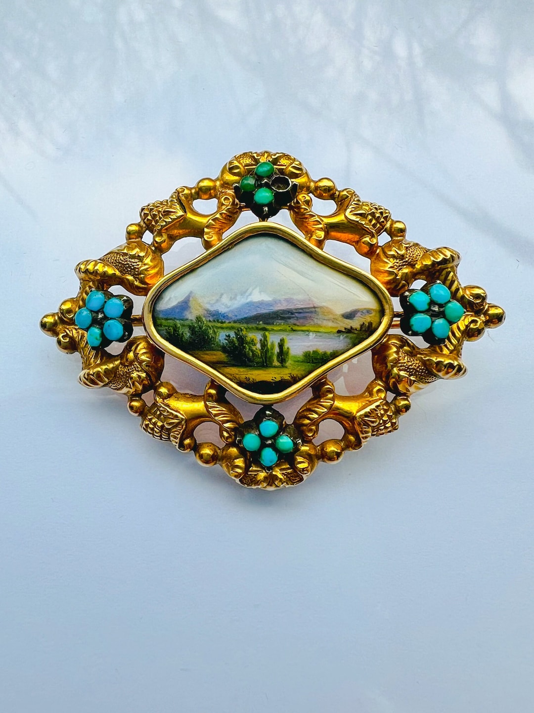14K Gold Antique Russian Brooch Set With Turquoise and Enamel Insert ...