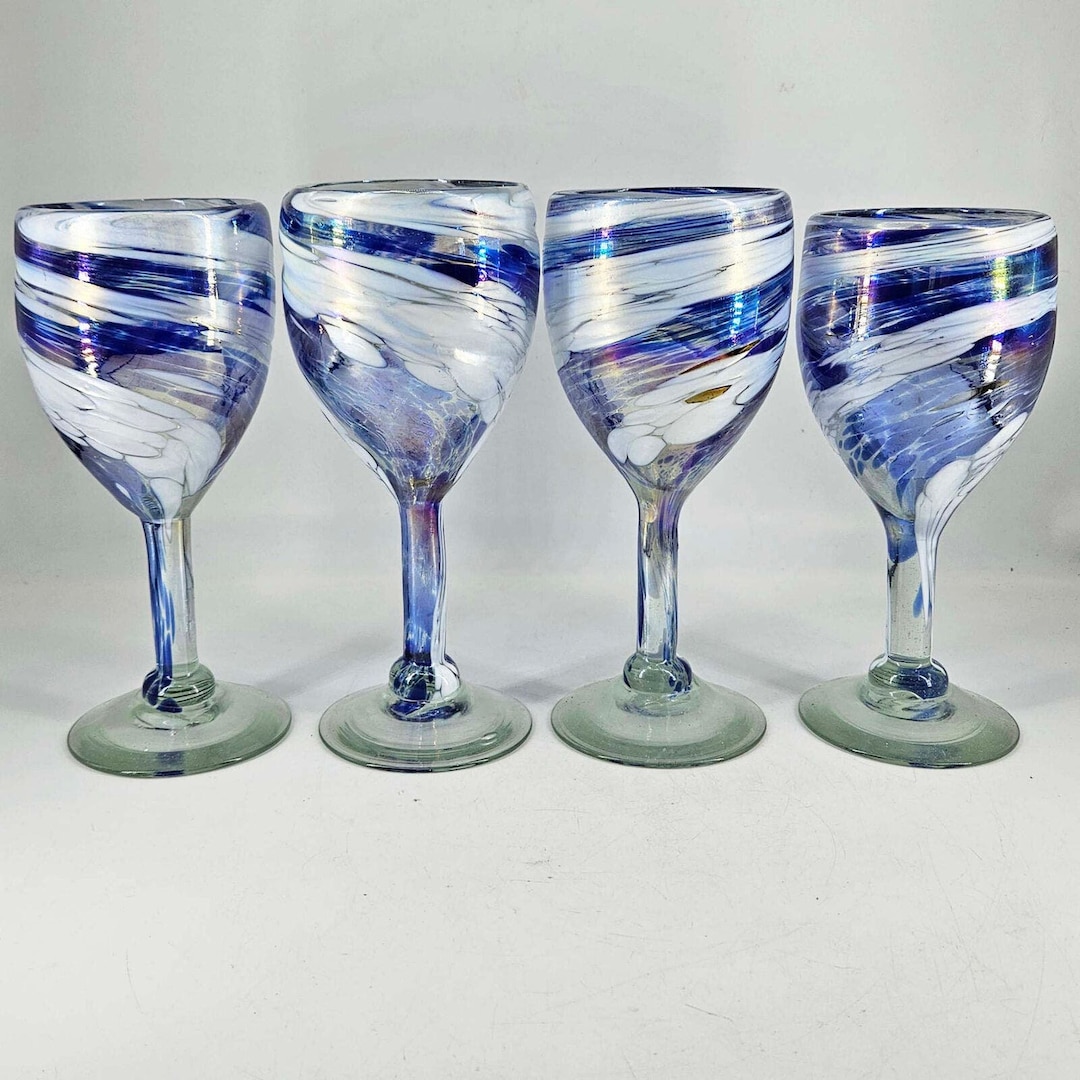 4 Studio Hand Blown Glass Iridescent Blue White Swirl Wine Goblets ...