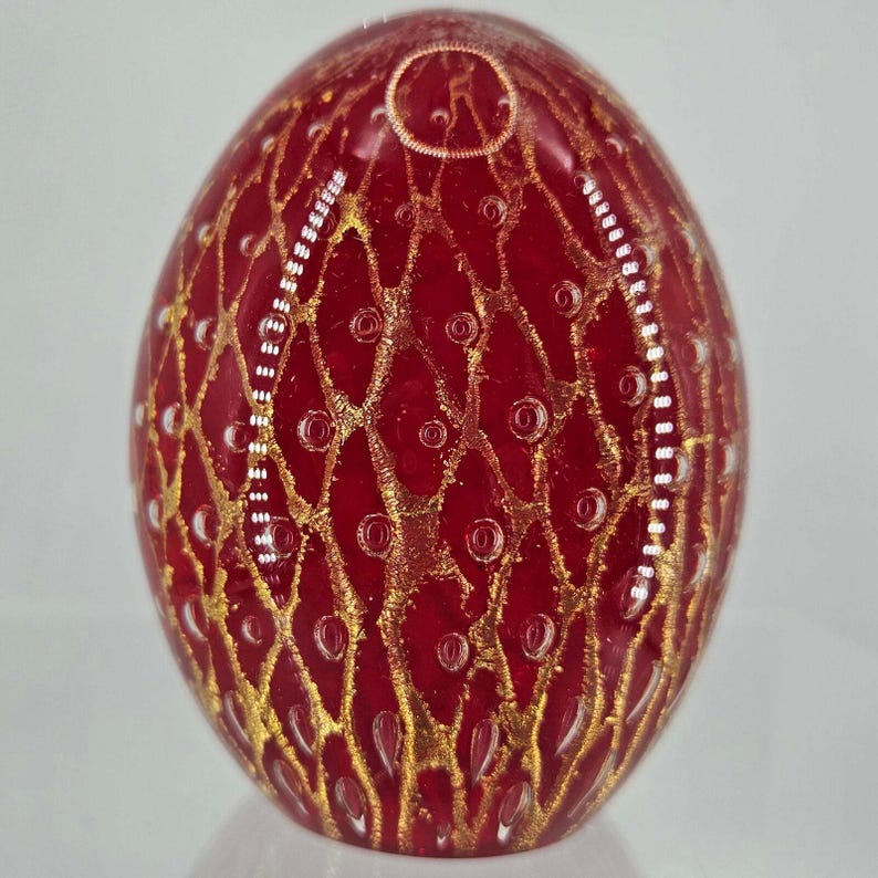 Hand Blown Red Art Glass Gold Ribbon Bullicante Detail Paperweight ...