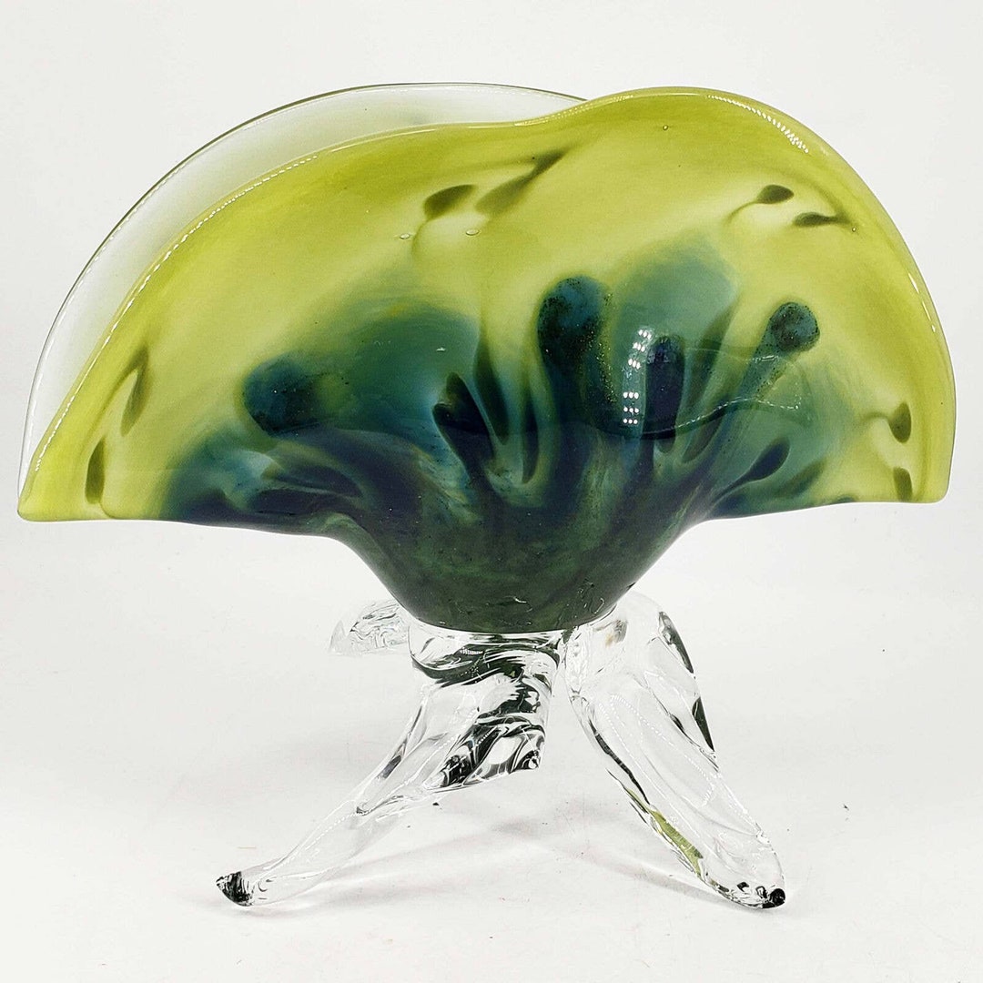 Hand Blown Studio Art Glass Clear Footed Clam Shell Shape Unique Vase ...