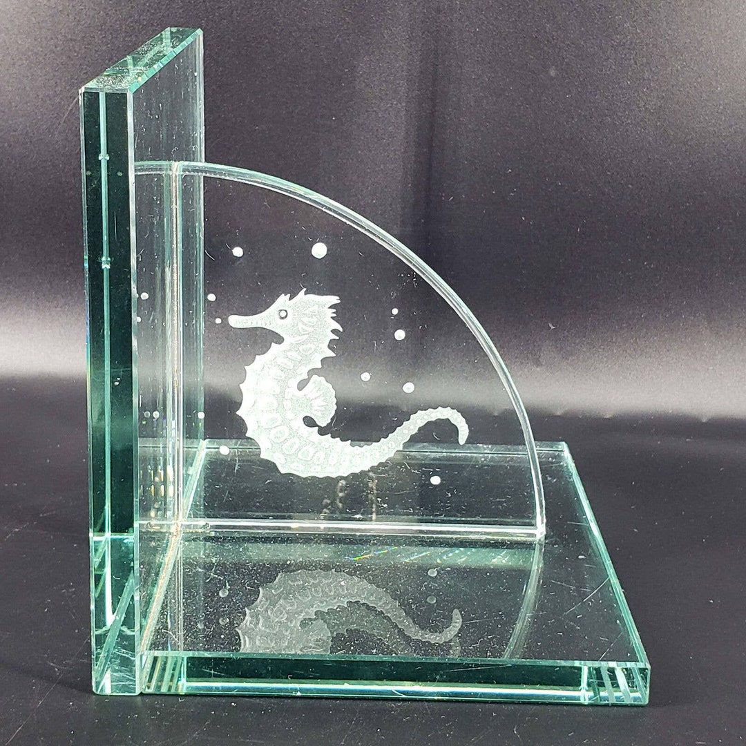 Unique Heavy Glass Bookend W/ Etched Seahorse Beach Theme - Etsy