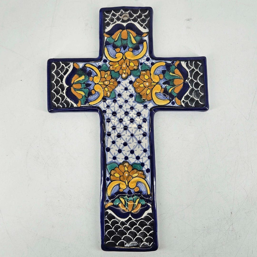 Mexican Talavera Wall Cross Hand Painted Ceramic Tile Multicolor Mexico ...