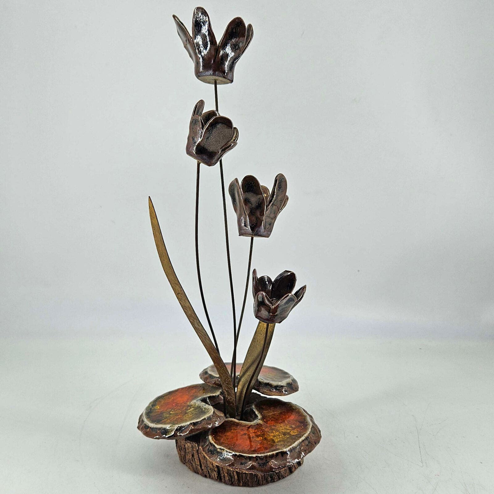 MCM Vintage Poppies Brass Leaves Pottery Wood Base Winifred Cole of ...