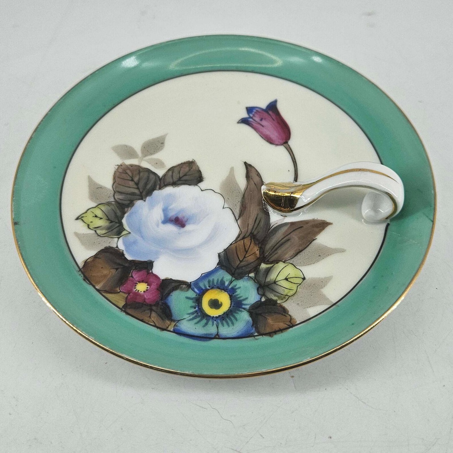 Hand Painted Floral Green Gold NORITAKE Nappy Trinket Dish W Handle - Etsy