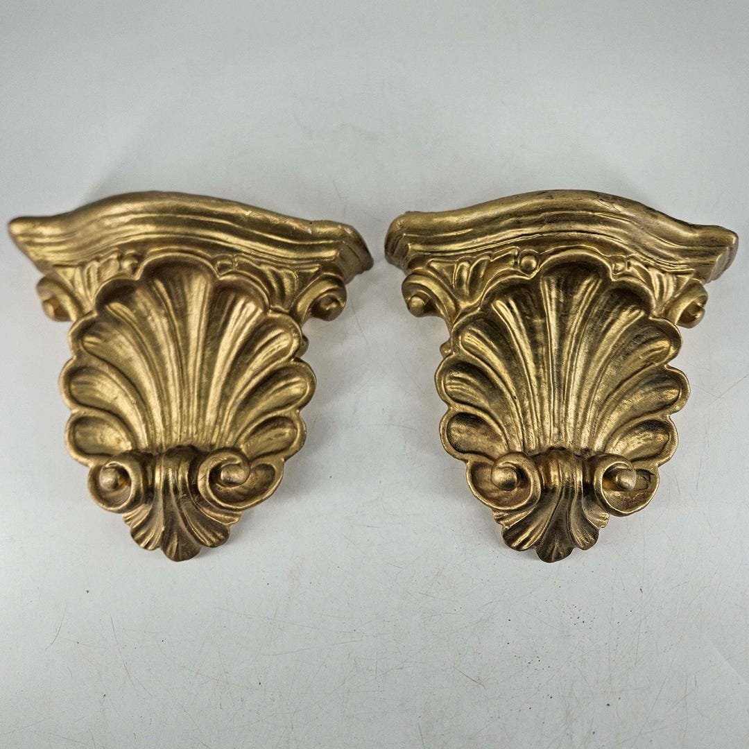 Vintage Pair of Gold Clam Shell Wall Shelf Shelves Sconces Hollywood ...