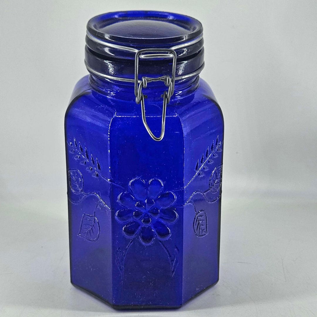 Cobalt Blue Glass Lidded Floral Mason Jar Canister Madei in Italy 9.5 ...