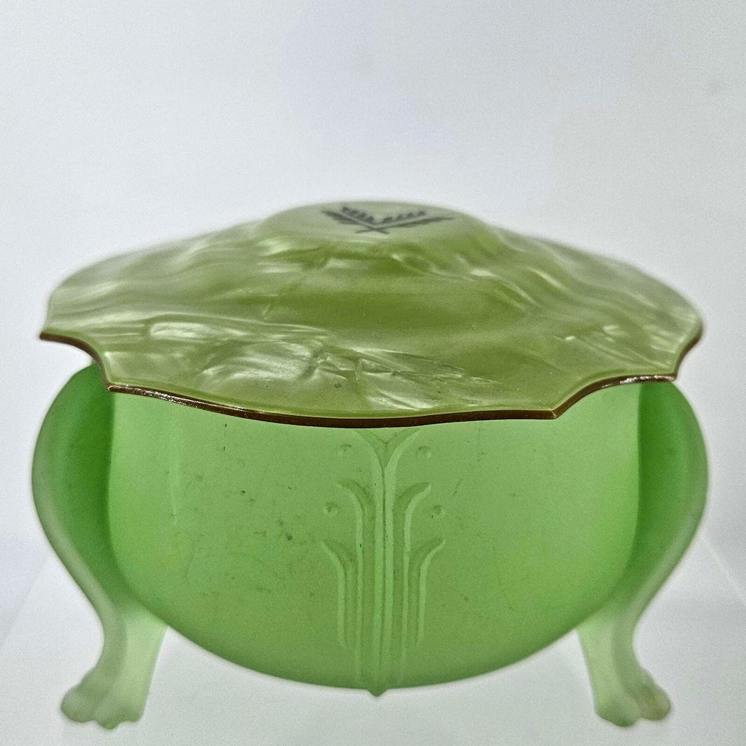 Art Deco Uranium Green Glass Dresser Footed Powder Jar Pearlized ...