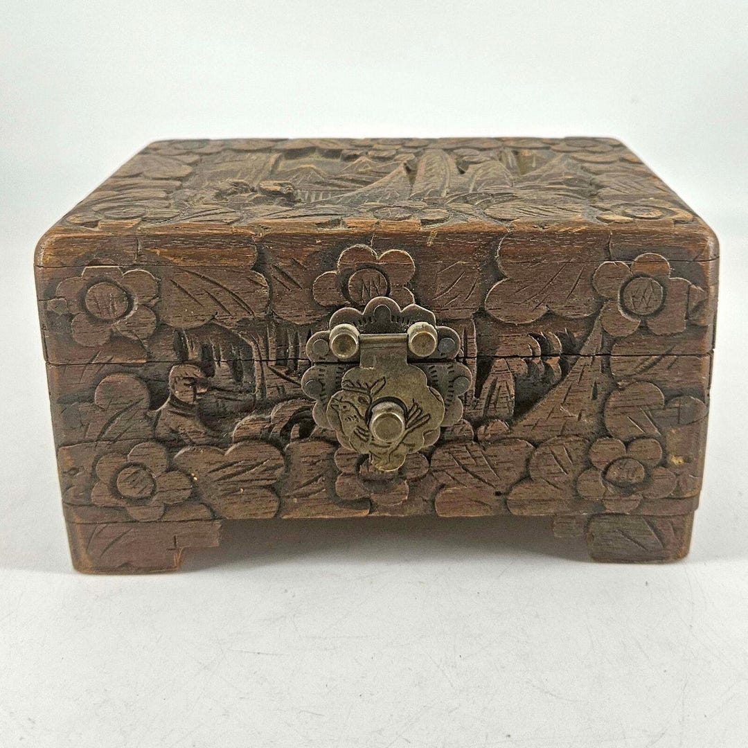 Vintage Chinese Wooden Box Hand Carved Scenic Design Tea Caddy - Etsy