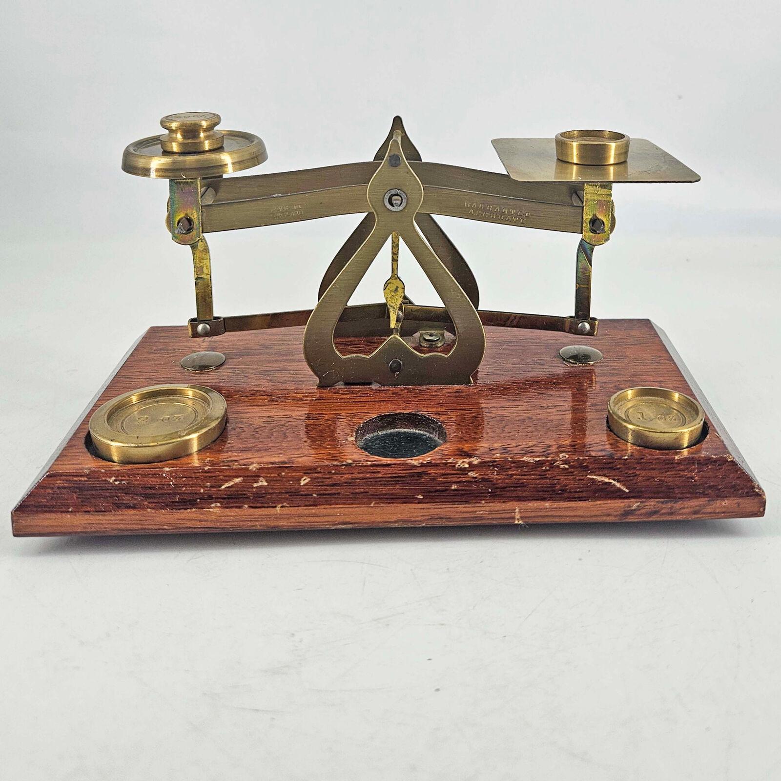 Vintage Warranted Accurate Brass Wood Postal Scale W 4 Weights Made in ...