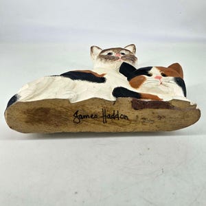 James Haddon Cat Figurine Wooden Sculpture Glass Eyes Calico Folk Art ...